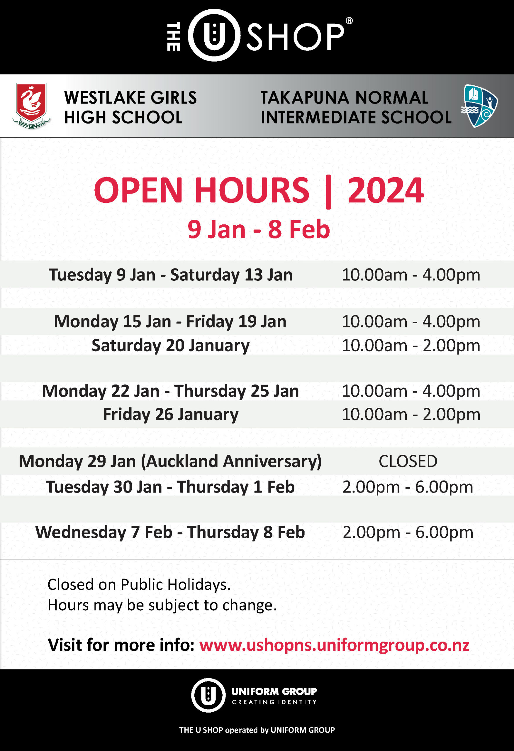 Uniform Shop Hours for Summer and 2024 | Te Reo o Te Roto